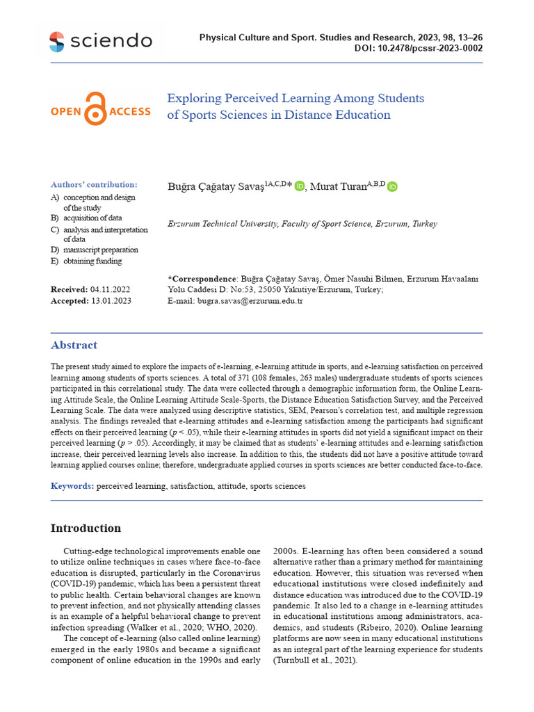 Exploring Perceived Learning Among Students of Sports Sciences in ...
