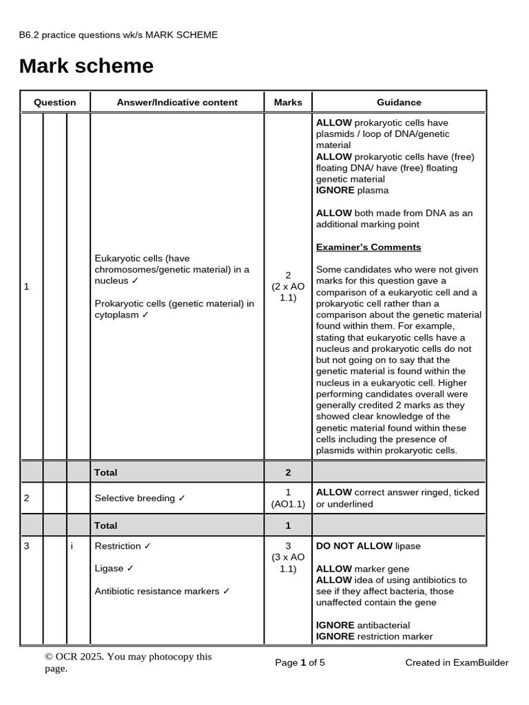 B6.2 Practice Questions MARK SCHEME | PDF | Cell (Biology) | Dna