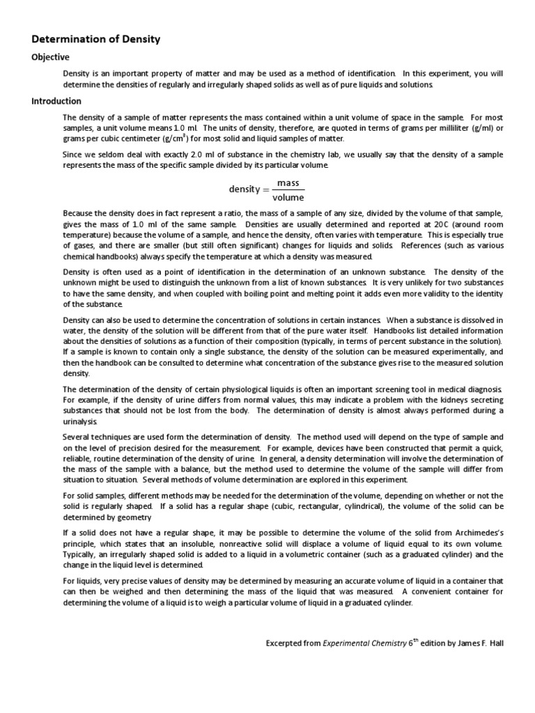 Density Determination Lab Experiment | PDF | Density | Volume