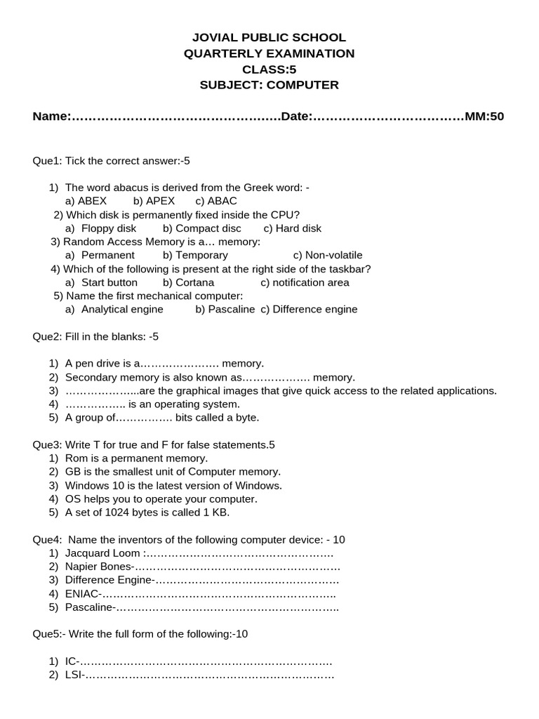 Class 5 Computer Quarterly Exam Guide | PDF