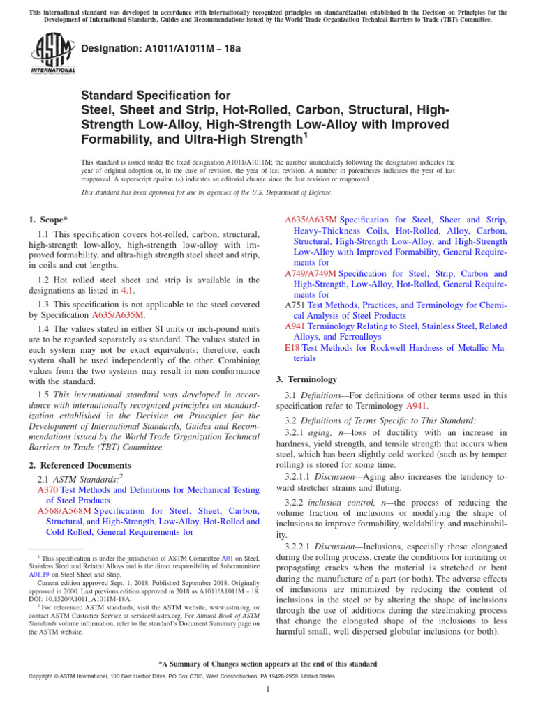 ASTM A1011-A1011M-18a | PDF | Steel | Secondary Sector Of The Economy