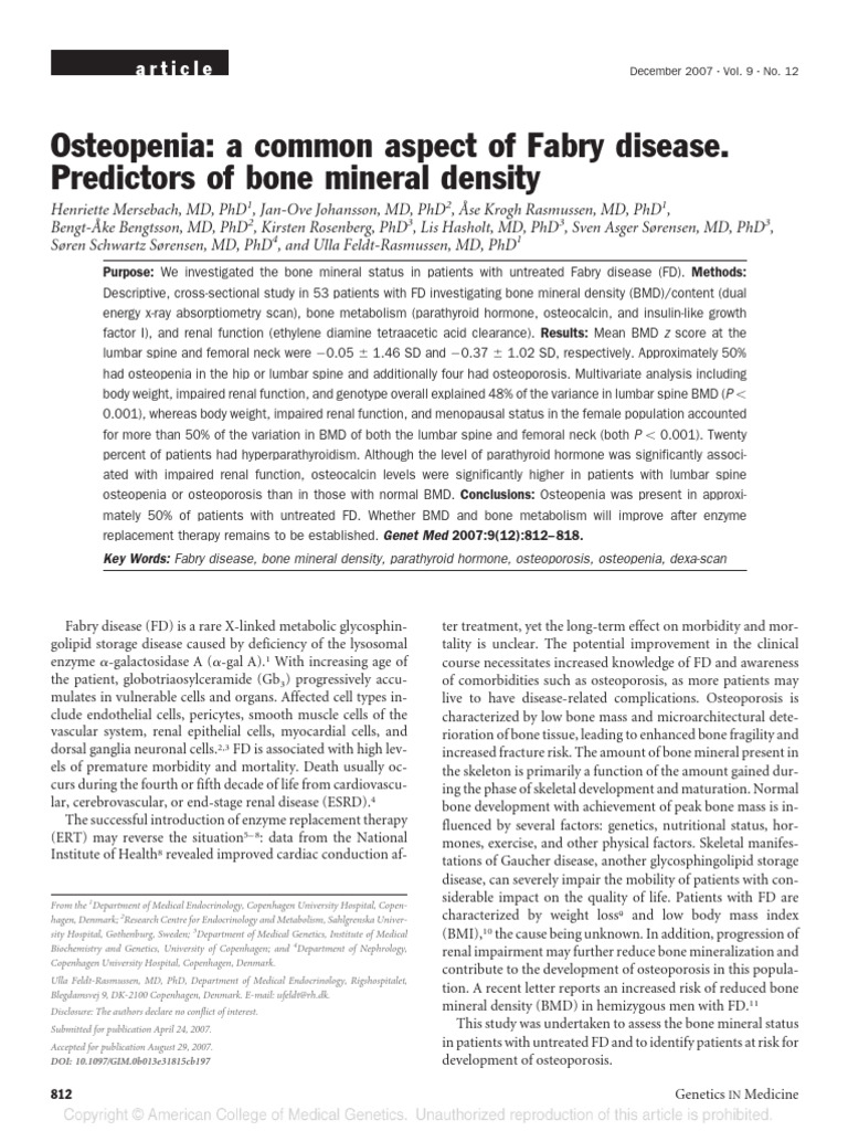 Osteopenia, A Common Aspect of Fabry Disease. Predictors of Bone ...