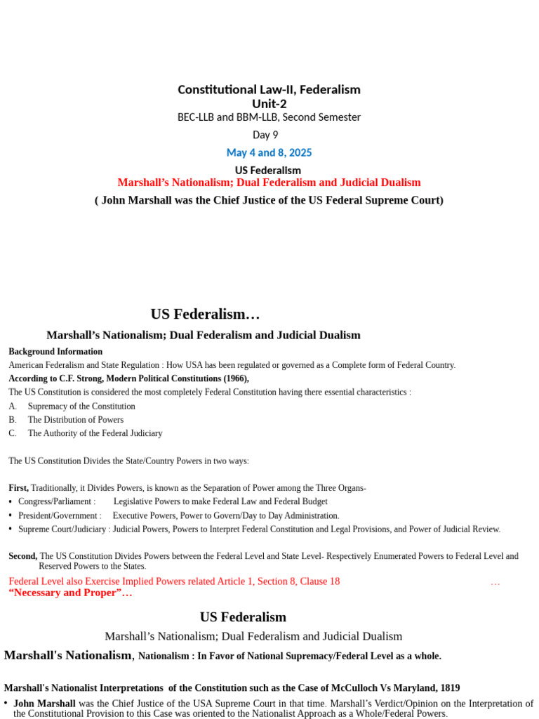 US Federalism: Marshall's Nationalism & Dualism | PDF | Federal ...