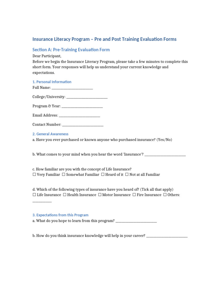 Insurance Literacy Pre Post Training Form | PDF