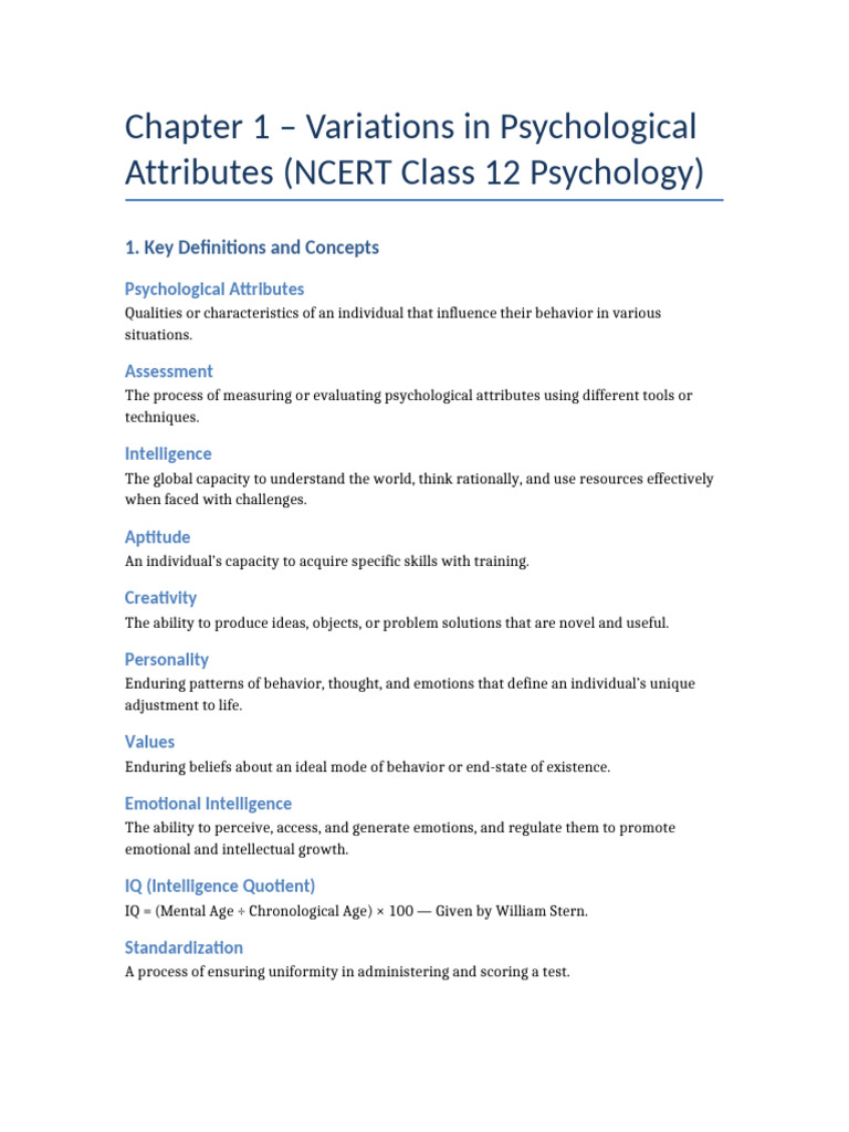 Chapter 1 Psychology CUET Revision | PDF | Intelligence | Intelligence Quotient