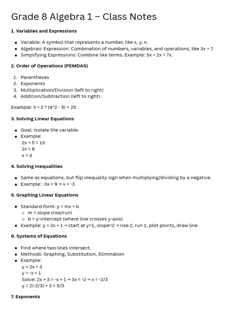 Grade 8 Algebra 1 - Class Notes: 1. Variables and Expressions | PDF