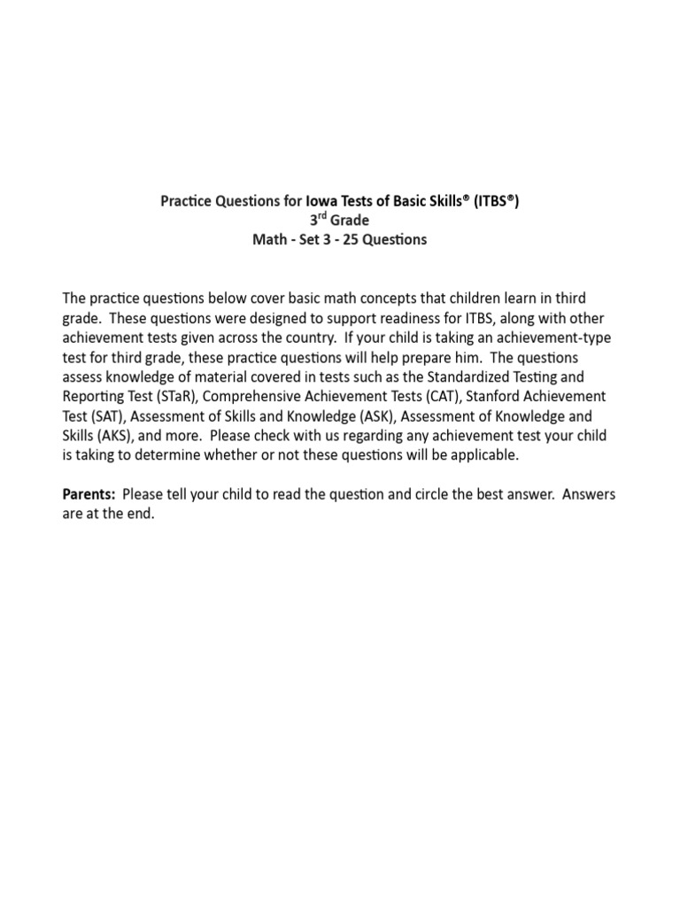 G3 ITBS Math Set 3 Questions | PDF | Area