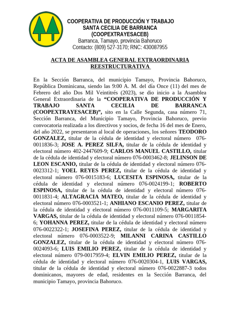Acta de Asamblea General Extraordinaria Cambio de Firma (Barranca) Completa Febrero 2023 Ultima ...