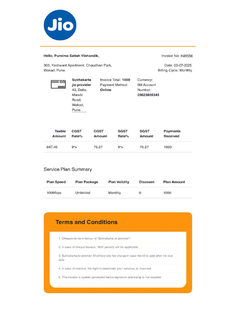 July WIFI Bill | PDF