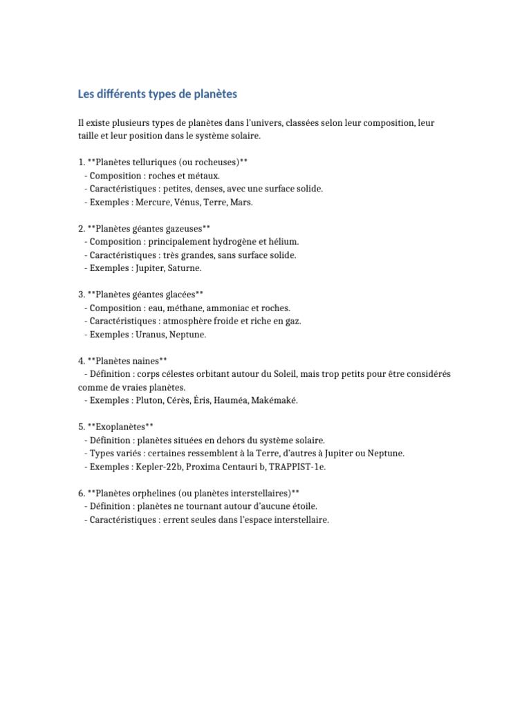 Classification des types de planètes | PDF