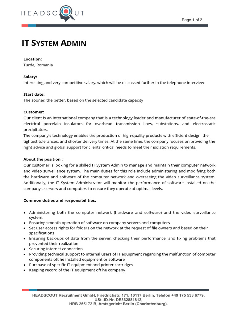 HS JD 833 IT System Administrator | PDF | Computer Network | Server ...