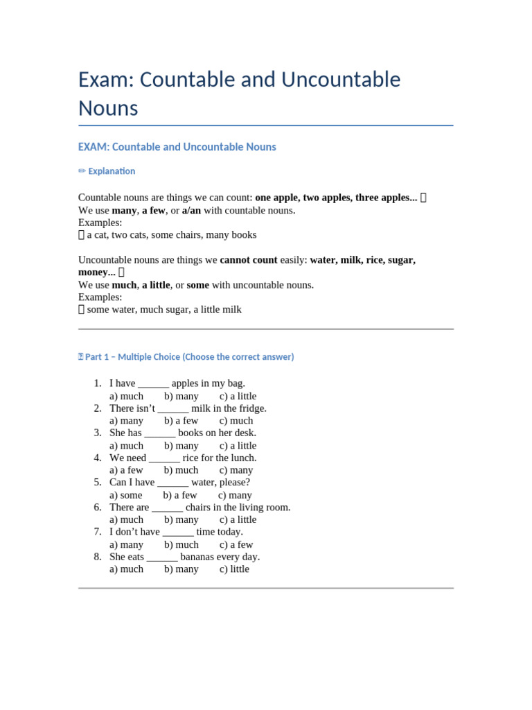 Countable vs Uncountable Nouns Exam | PDF | Noun