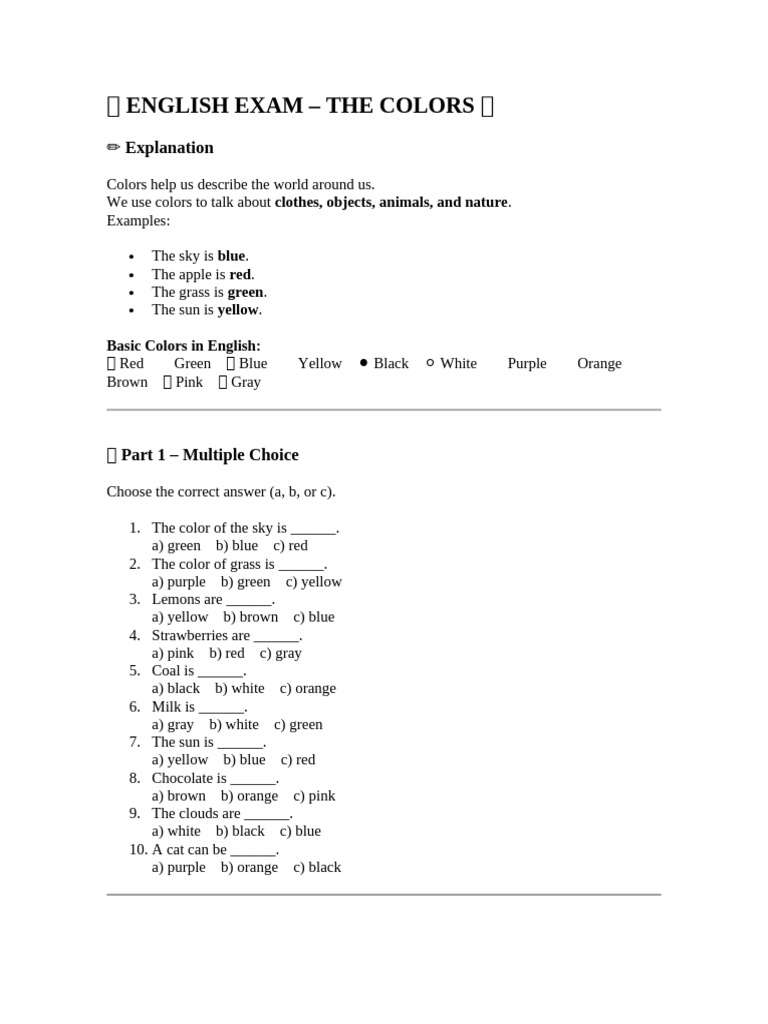 English Exam Colors | PDF | Color | Yellow