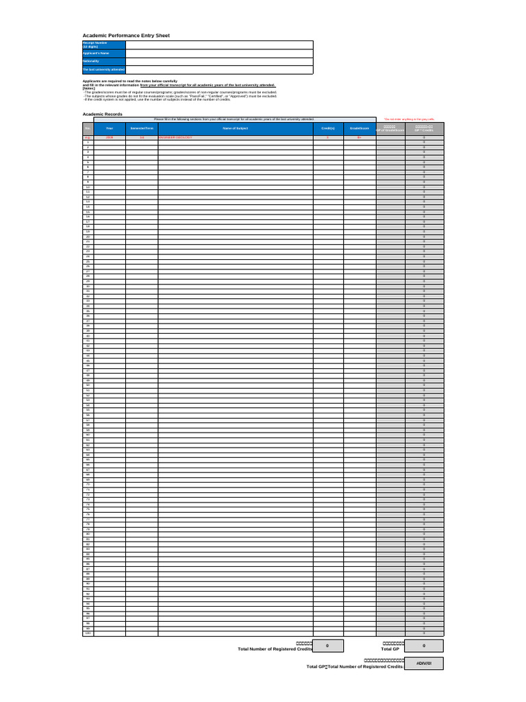 Academic Performance Entry Sheet | PDF