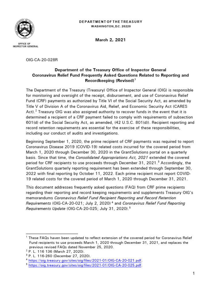 Coronavirus Relief Fund - Frequently Asked Questions Related To Reporting and Recordkeeping ...