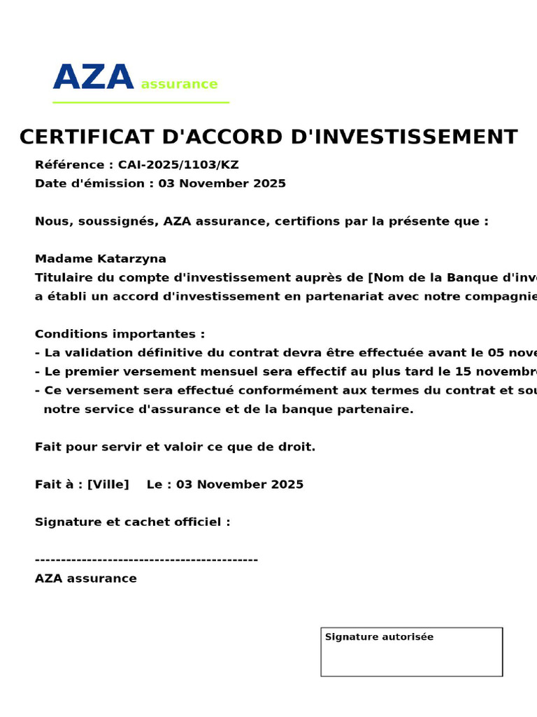 Certificat AZA Assurance Katarzyna | PDF