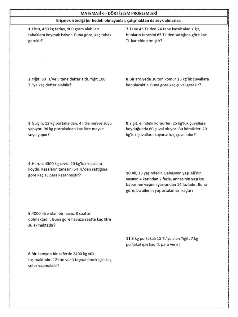 4 Sinif Matematik Dort Islem Problemleri 1 | PDF