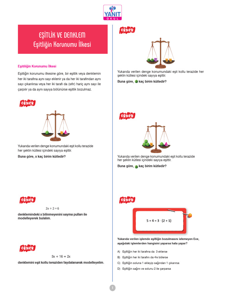 Esitlik Ve Denklem Esitliigin Korunumu Ilkesi Ders 24 | PDF