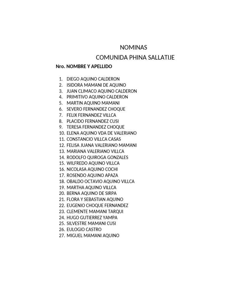 Nominaciones Comunidad Phina Sallatije | PDF