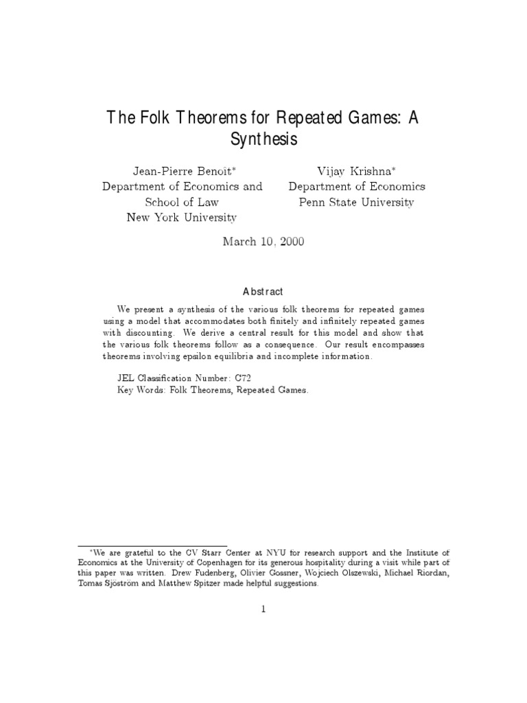 The Folk Theorems For Repeated Games: A Synthesis | PDF | Economics Of ...