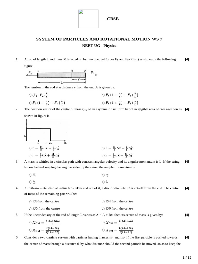 CBSE Physics Worksheet: Rotational Motion | PDF | Rotation Around A ...