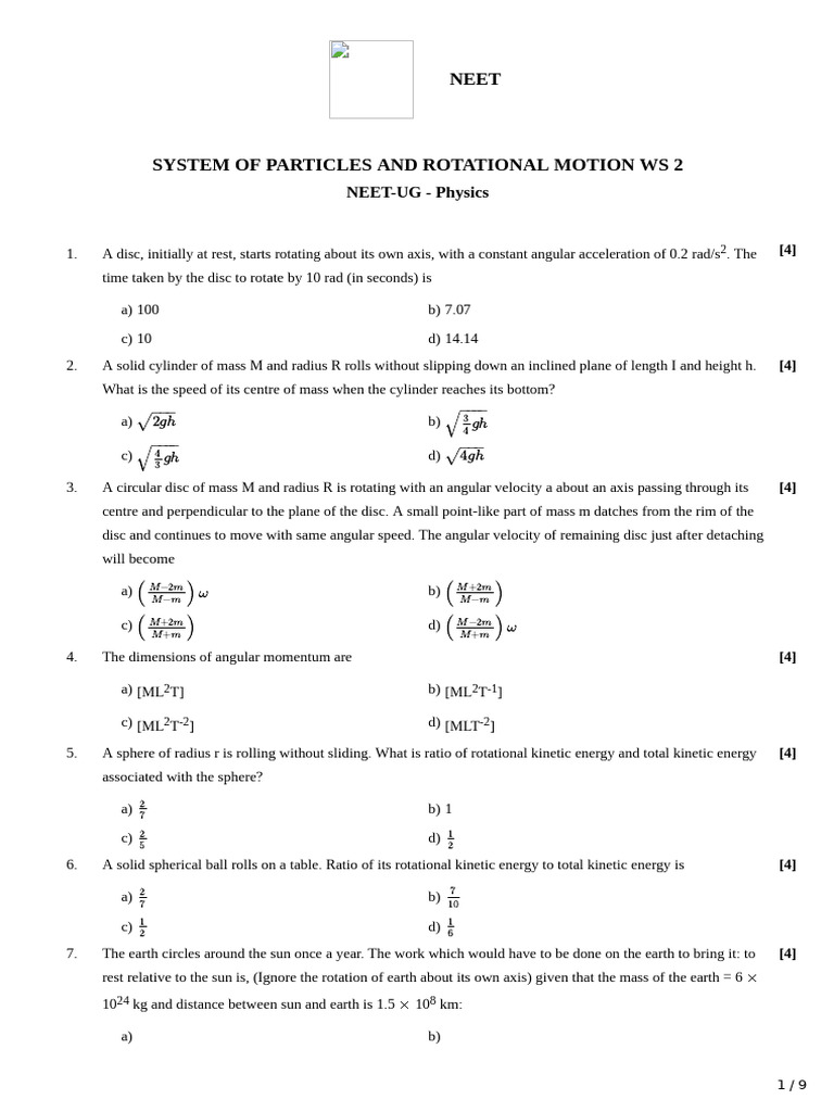 NEET Physics: Rotational Motion Problems | PDF | Rotation Around A ...