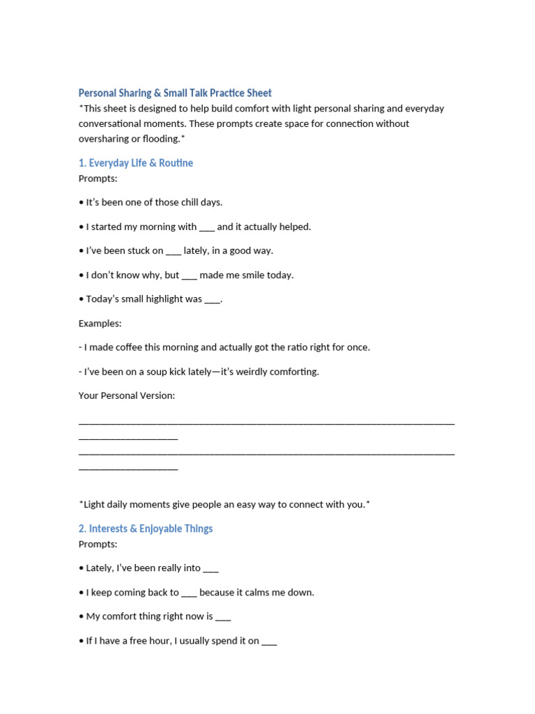 Personal Sharing Small Talk Practice Sheet | PDF