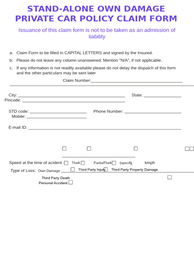 Claim Form Stand Alone Own Damage Private Car Policy a5c1015eaa | PDF ...