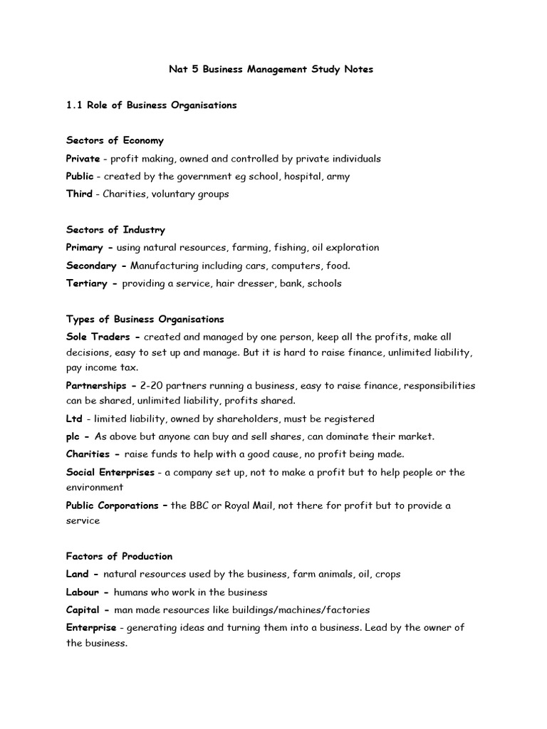 Nat5 Bus MGT Study Notes | PDF | Business | Budget