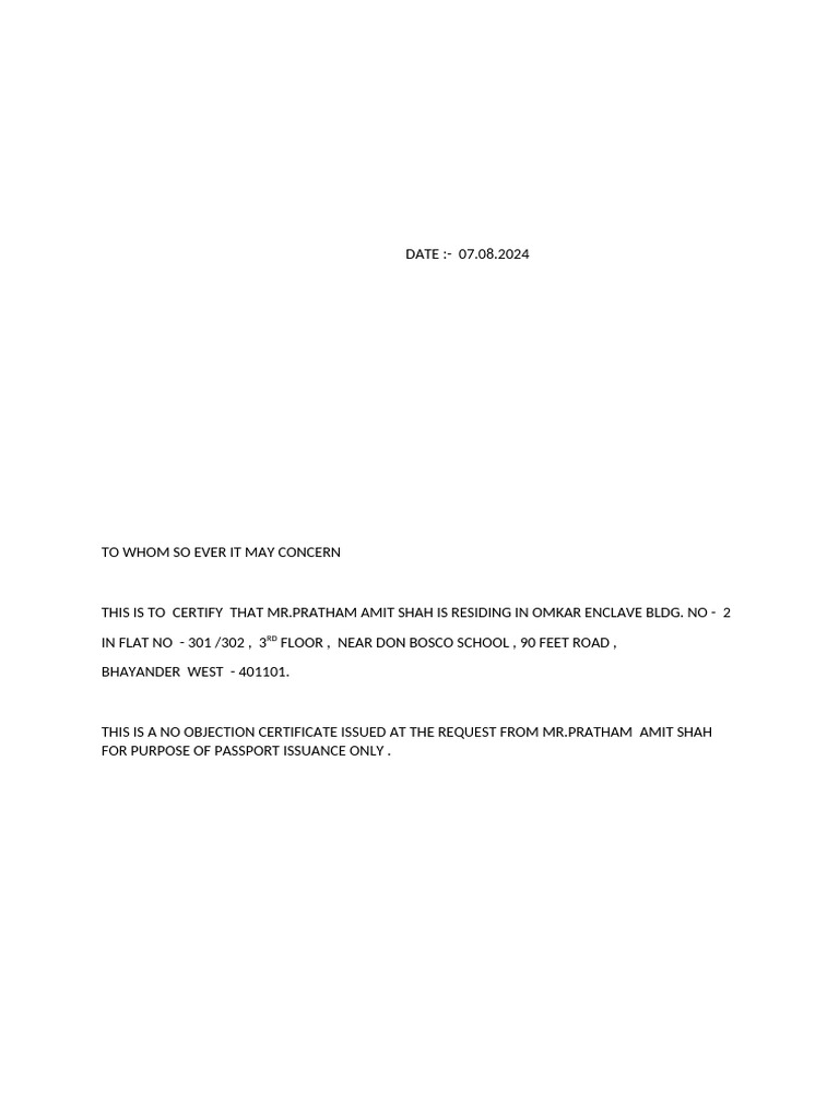 Pratham Shah Passport Letter | PDF