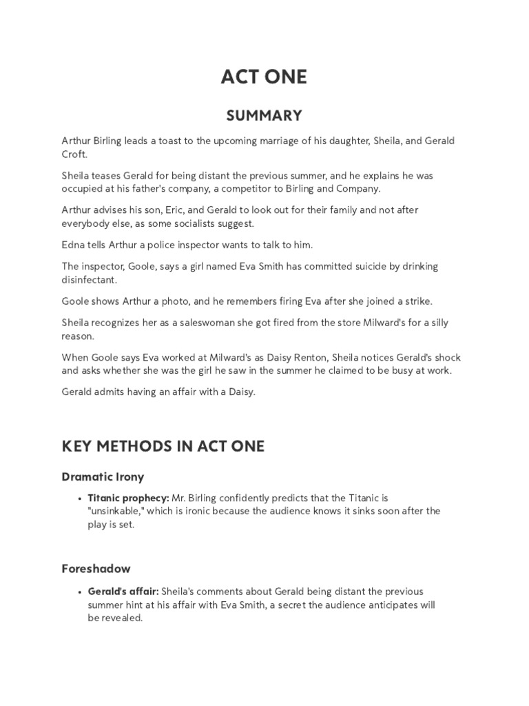 An Inspector Calls Act 1 Summaries + Analysis | PDF