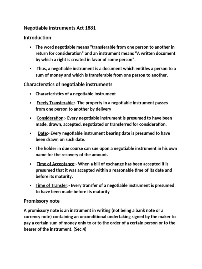Overview of Negotiable Instruments Act | PDF | Negotiable Instrument ...