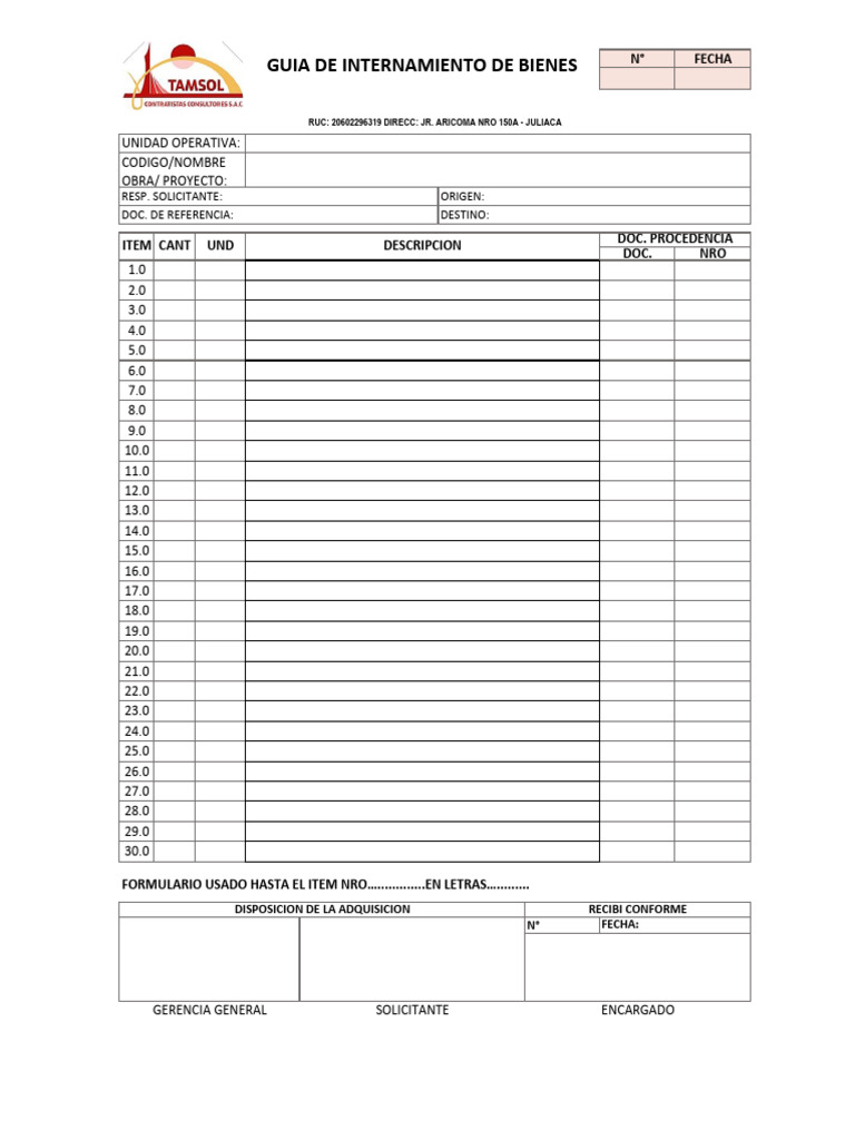 Guía de Internamiento de Bienes Tamsol | PDF