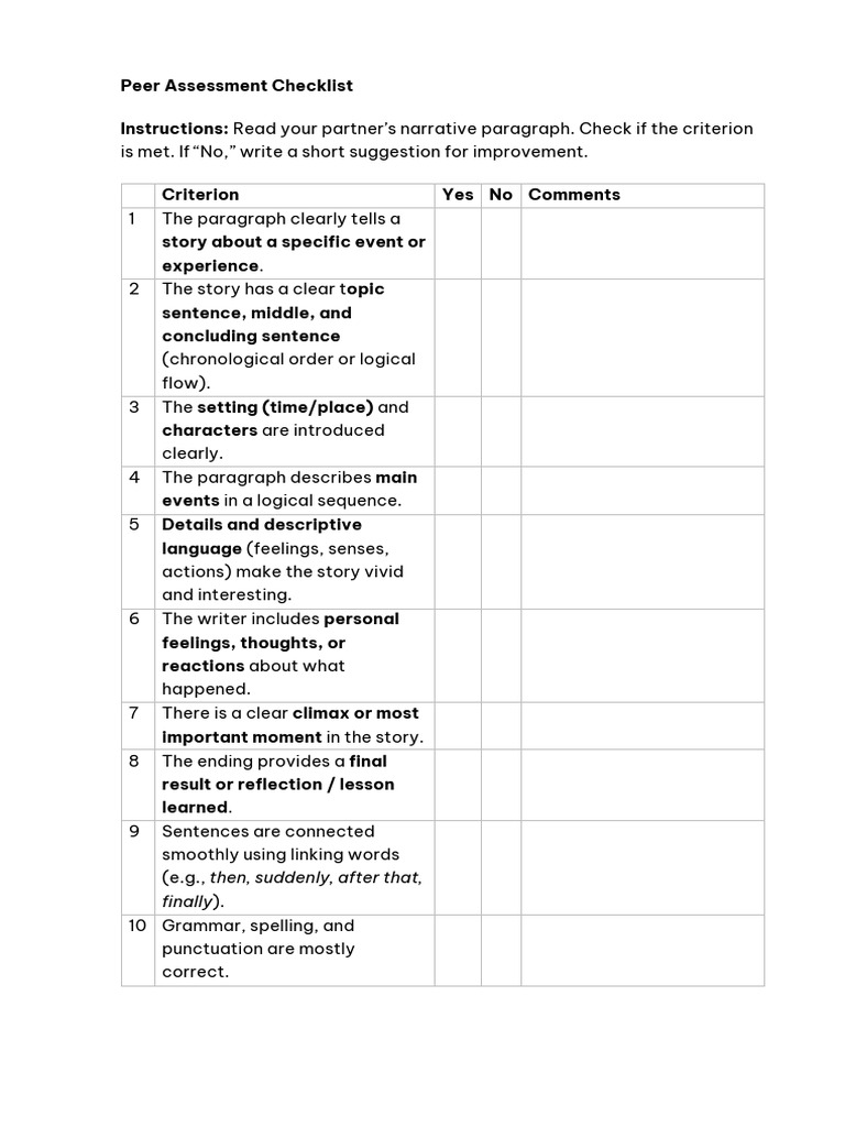 Peer Assessment Checklist - Narrative | PDF