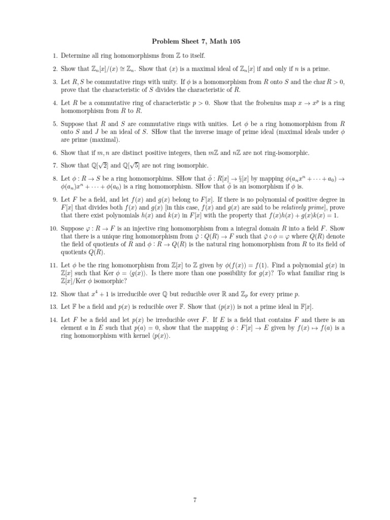 MTL105 ProblemSheet 7 | PDF | Ring (Mathematics) | Abstract Algebra