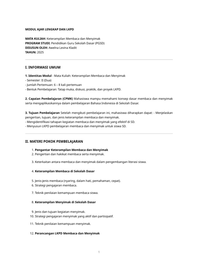 Modul Ajar Keterampilan Membaca SD | PDF