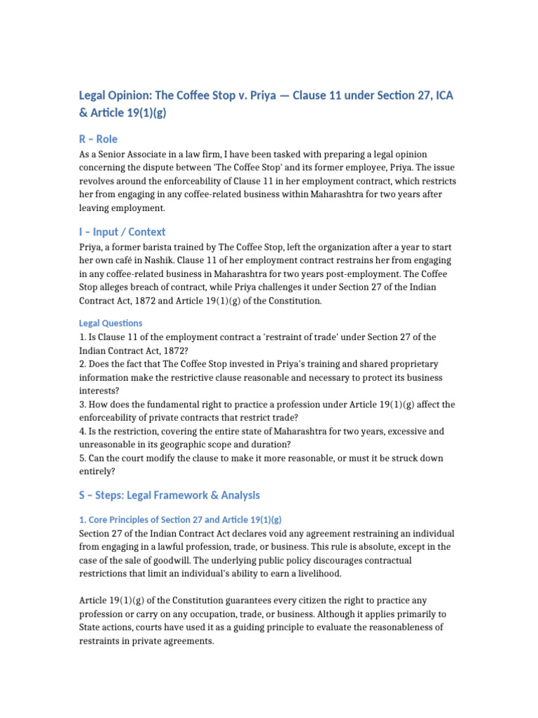 Legal_Opinion_RISEN_The_Coffee_Stop_v_Priya | PDF | Restraint Of Trade ...