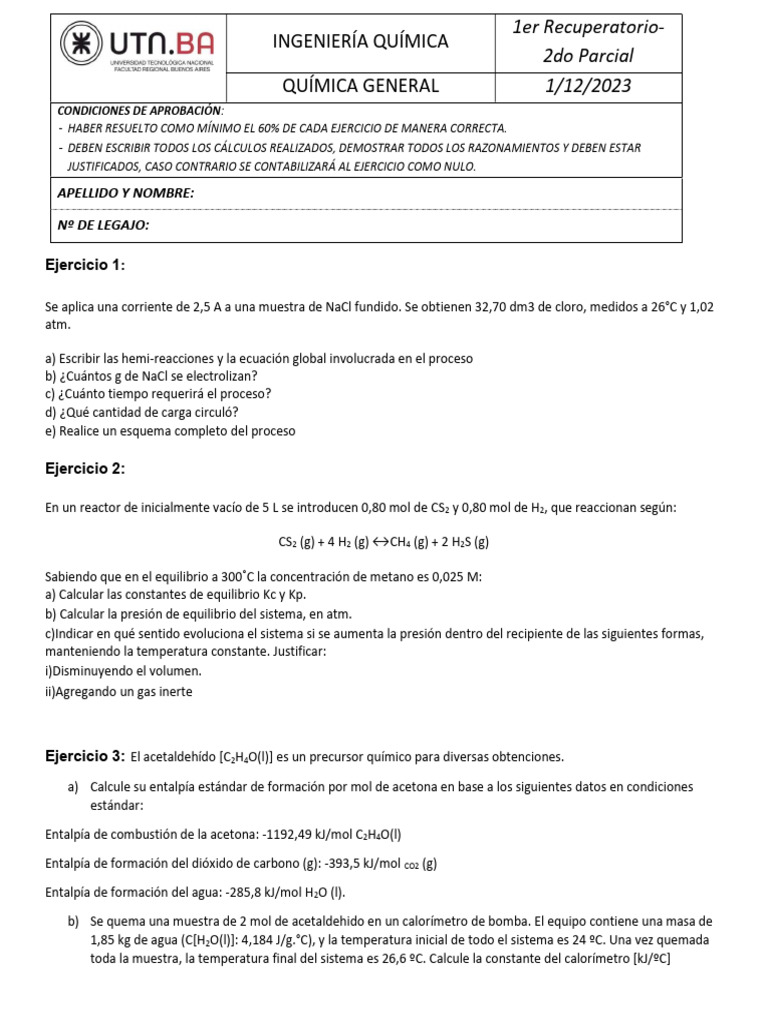 1-12-2023-1erR-2doP-Qca-V1572 | PDF | Entalpía | Equilibrio químico