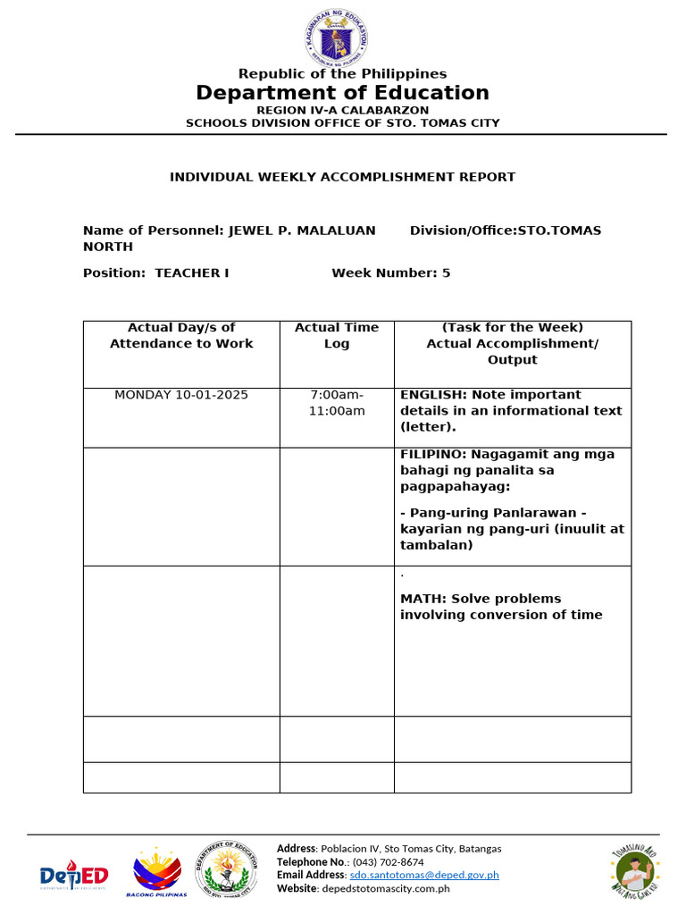 Accomplishment Report JEWEL OCTOBER 1 | PDF | Philippines