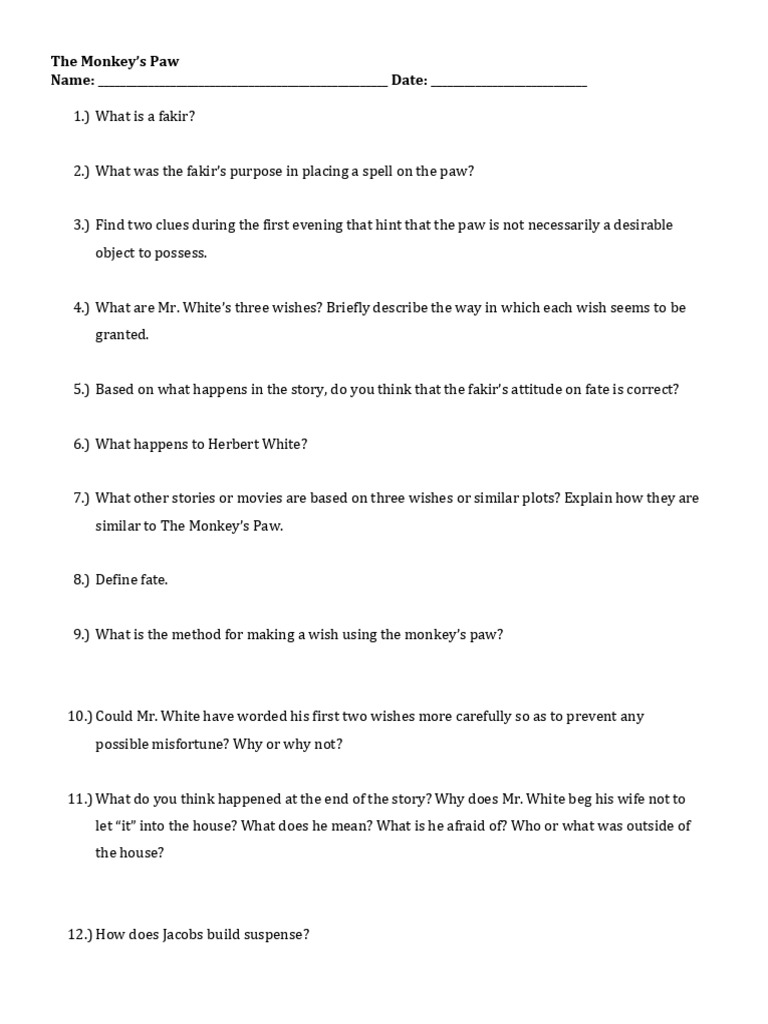 Monkey's Paw Questions | PDF