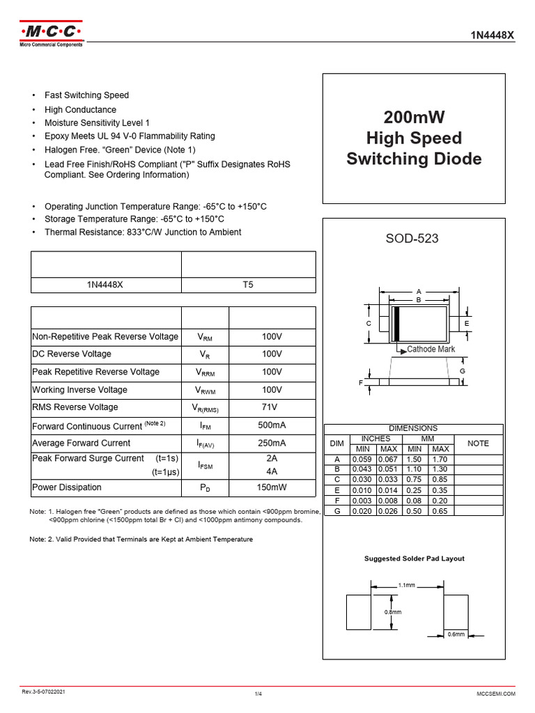 1N4448X(SOD-523) | PDF | Diode | Electromagnetism