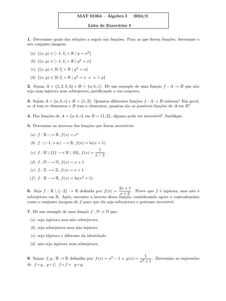Funções e Inversas: Exercícios de Álgebra | PDF | Função (Matemática ...
