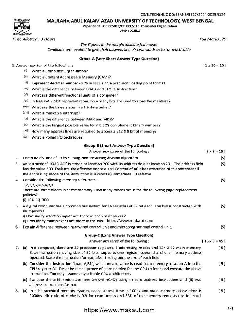 Btech Ee Eee 5 Sem Computer Organization Oe Ee501c 2025 | PDF