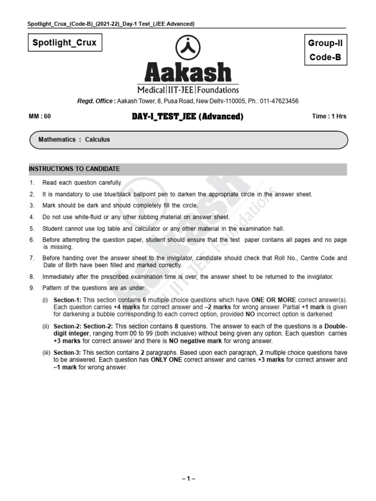 Spotlight Crux Group-II (Code-B) (2021-22) Day-1 Test (JEE Advanced ...