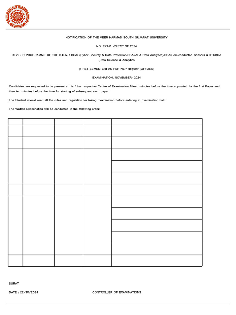 Revised Time Table BCA 1st NEP Nov-2024 | PDF | Computing | Computer ...