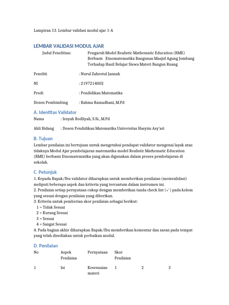 Lembar Validasi Modul Ajar | PDF