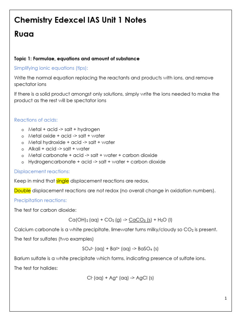 Chemistry Edexcel IAS Unit 1 Notes New | PDF | Chemical Bond | Ion