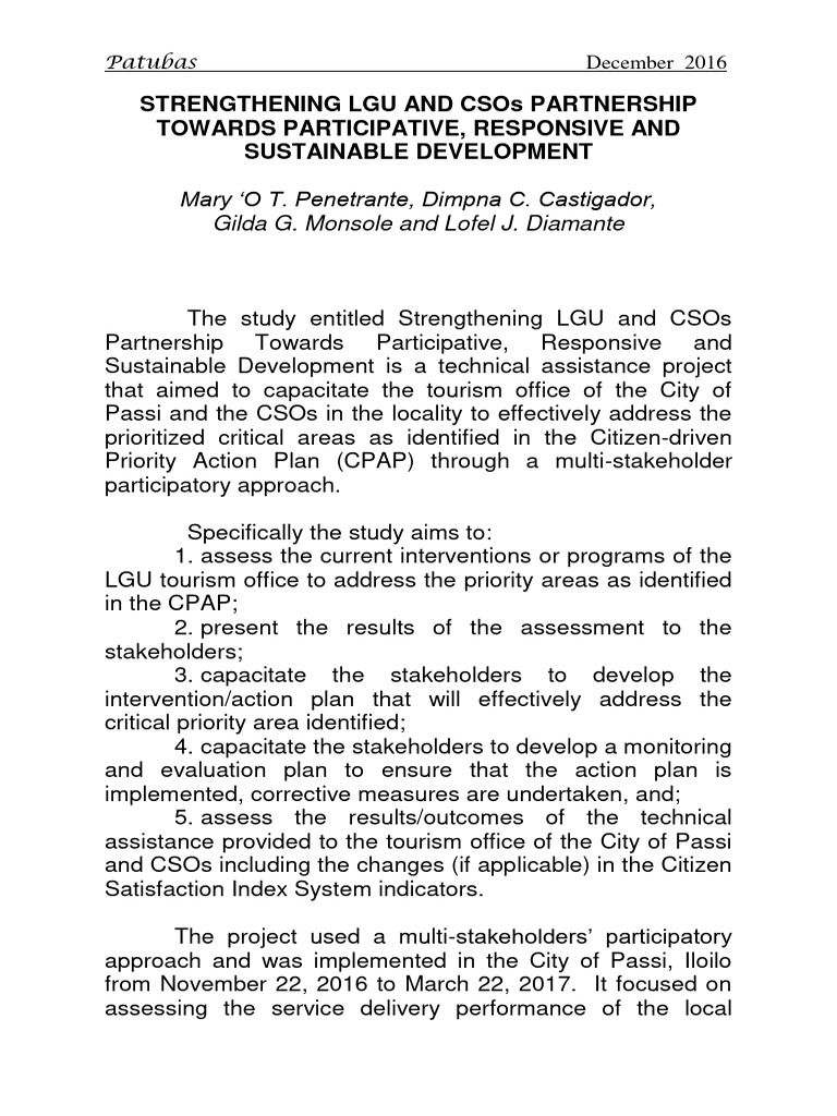Strengthening Lgu and Csos Partnership T | PDF | Tourism | Evaluation