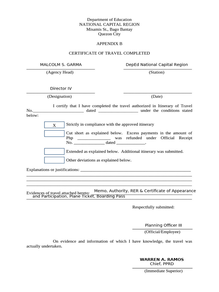 Appendix B Cert of Travel Completed | PDF