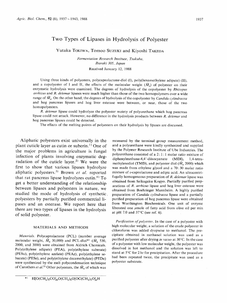 Two Types of Lipases in Hydrolysis of Po | PDF | Polyester | Hydrolysis